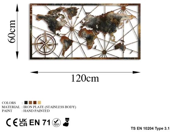 Nástěnná dekorace 120x60 cm mapa světa kov