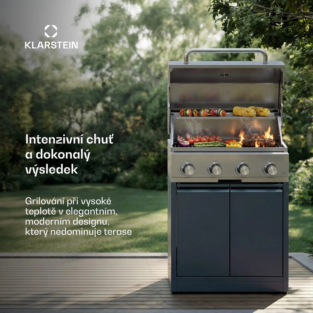 Klarstein WaldChef plynový gril | 4 hořáky | 30 mbar | 12800 W | Litinový rošt | Nerezová ocel