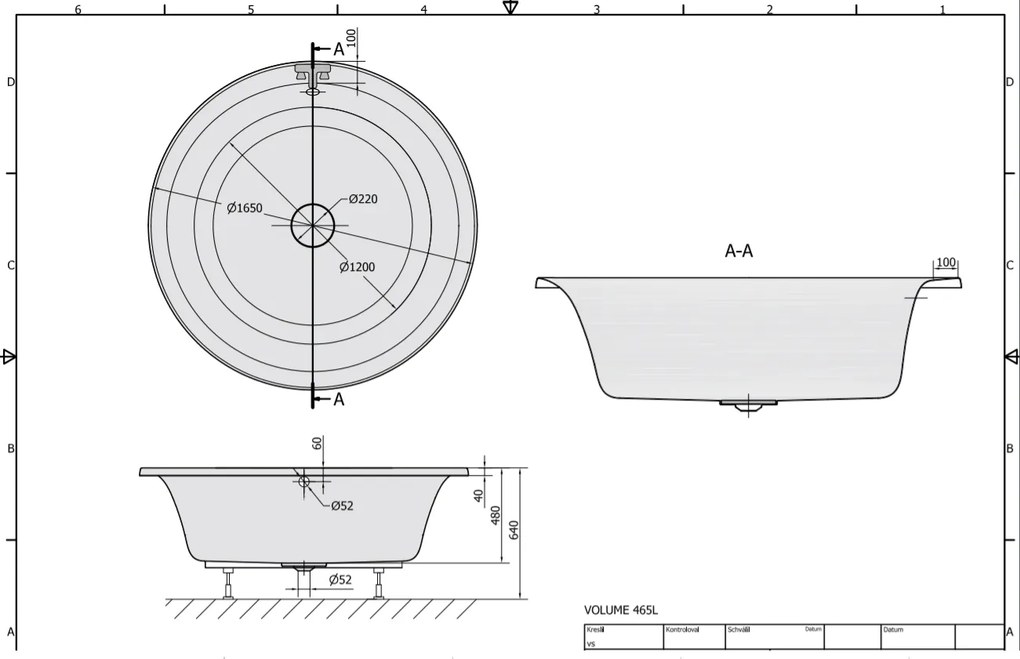 Polysan OBLO kulatá vana s konstrukcí 165x48cm, bílá, 72840