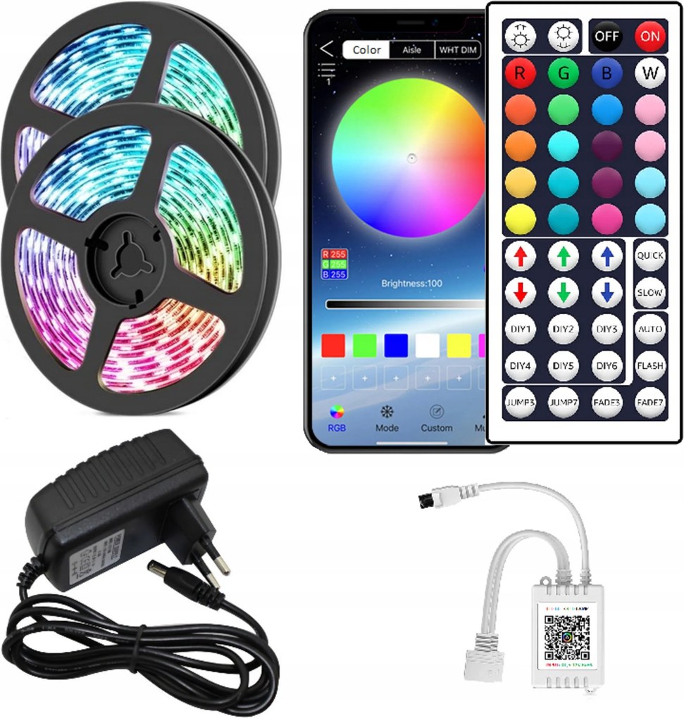 Led pásek 15 m RGB5050 ovládaný telefonem Bluetooth Barevný Dálkový Ovladač Napájecí adaptér