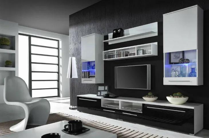 Moderní obývací stěna LUNA C Bílá / Černý lesk+Bílý lesk Barevné osvětlení LED: RGB +750Kč
