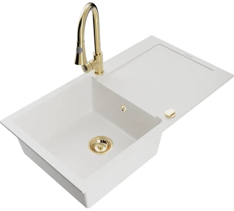 Mexen Leo, 1-komorový granitový dřez 900x500x190 mm a dřezová baterie Elia, bílá, 6501-20-670101-50