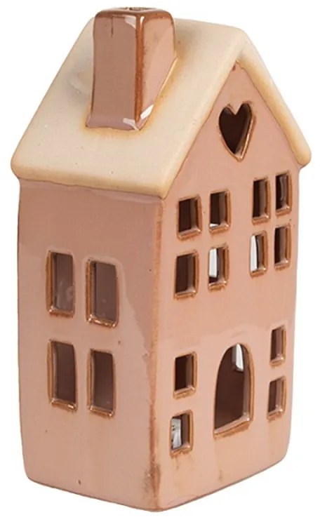 Vánoční dekorace s LED světlem hnědý porcelánový domeček s okny, srdíčkem a komínem – 8x6x15 cm