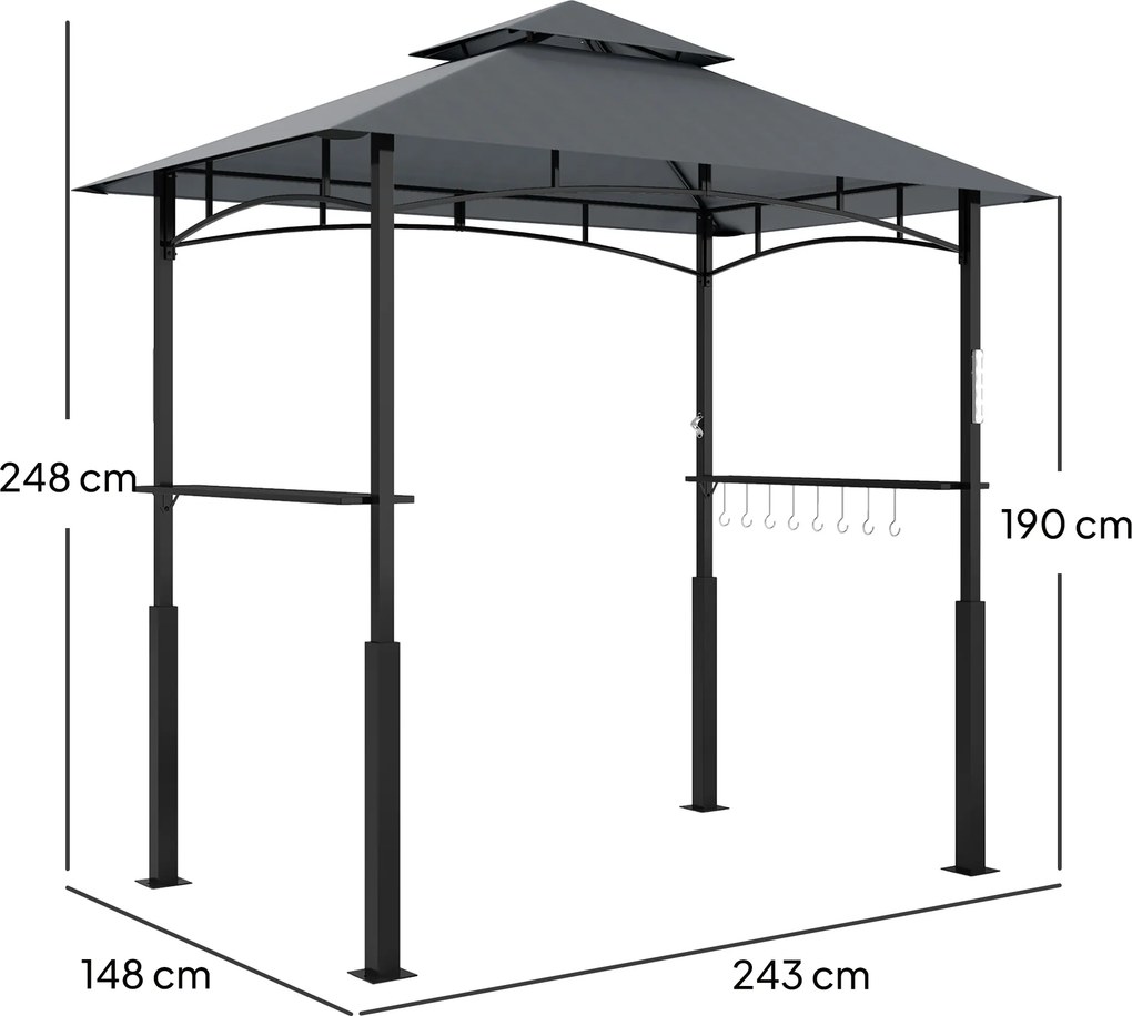 Outsunny Grilový pavilon, zahradní grilovací stan s regály na koření, LED osvětlení, kov, plast, 243D x 148Š x 248V cm, šedý