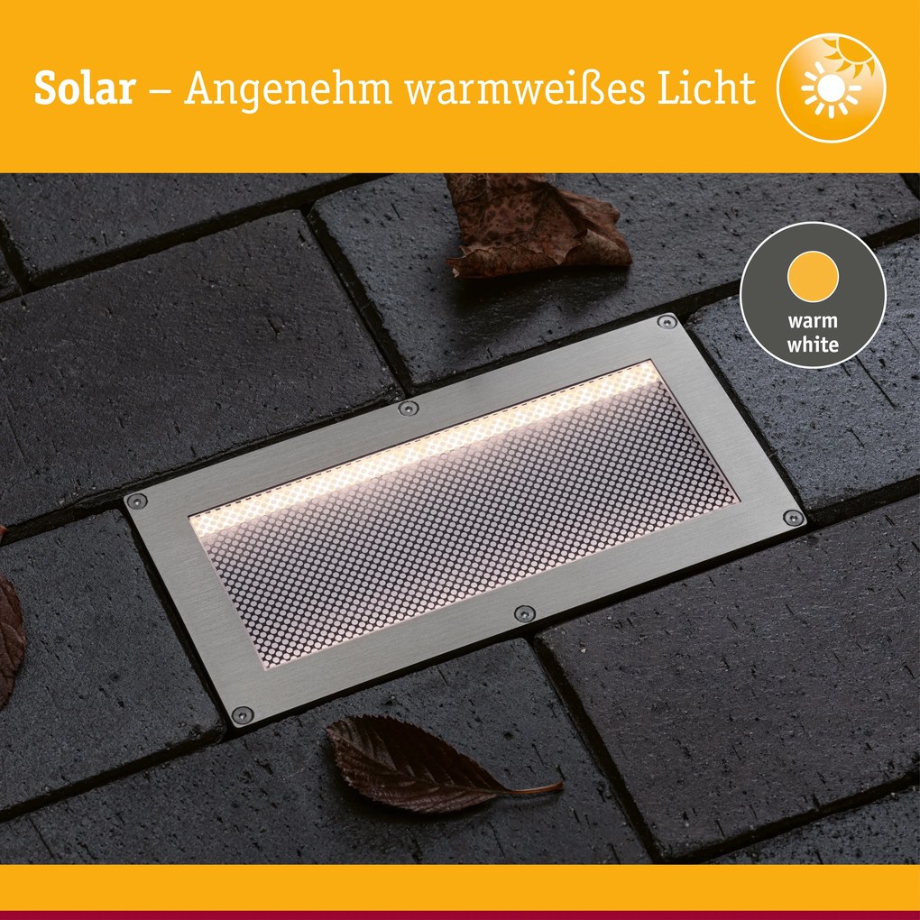 P 95744 Solární LED zemní svítidlo Sorea soumrakový senzor IP67 hranaté 200x100mm 3000K 0,3W 3,7V kov kartáčovaný ABS/polykarbonát/ocel - PAULMANN