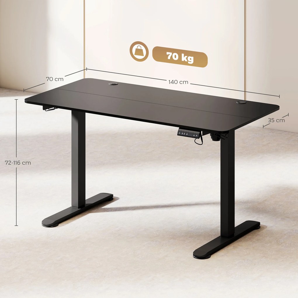 Stůl Vinsetto se stojanem na sezení, elektrický, s ochranou proti nárazu, ochranou proti přehřátí, možnost ukládání, 140x70x72-116cm, dřevotříska, če…