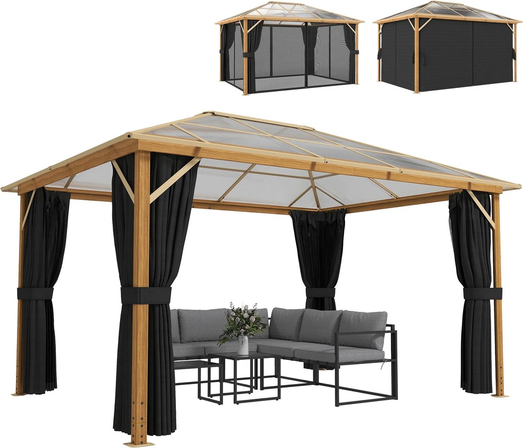 Outsunny pergola 4 × 3 m s pevnou polykarbonátovou střechou 6 mm, dřevodekor, síť proti hmyzu a 4 bočními závěsy — zimovzdorná pergola (přírodní dřevo