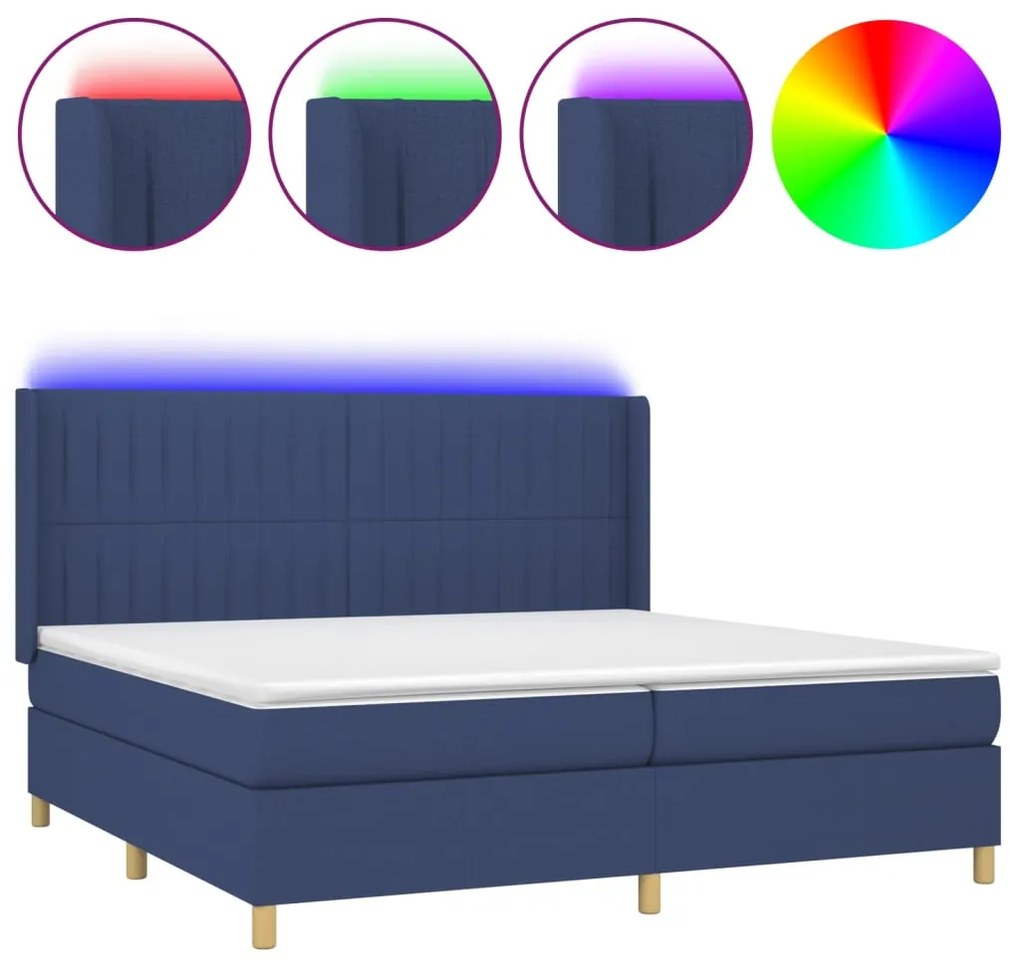 Box spring postel s matrací a LED modrá 200x200 cm textil,  3139067