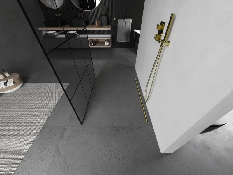Mexen Kioto, sprchová zástěna Walk-In 100 x 200 cm, 8mm sklo černý vzor, zlatý matný profil, 800-100-002-55-77