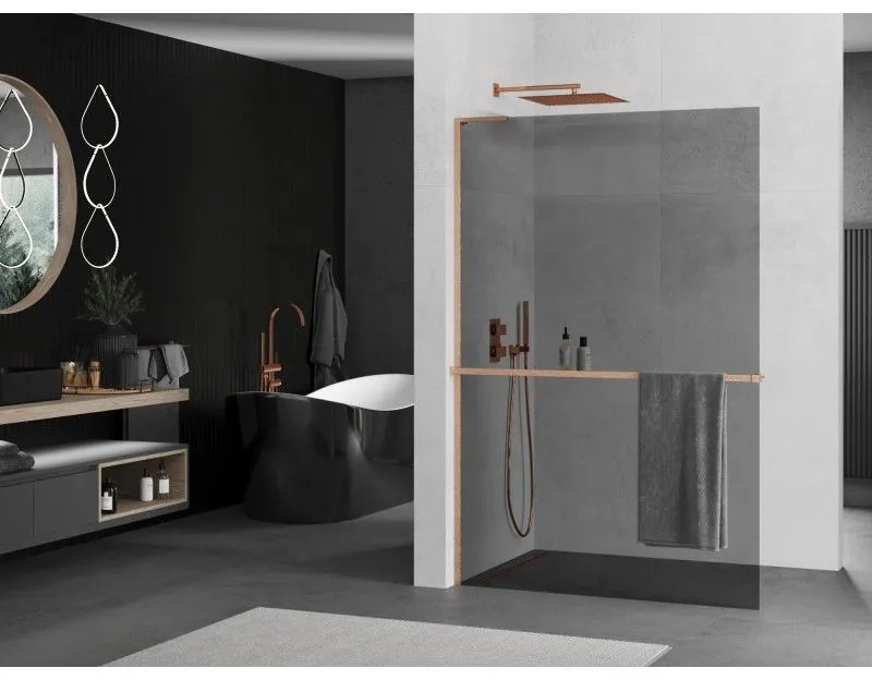 Mexen Kioto+ L, sprchová zástěna Walk-In s poličkou a věšákem 100 x 200 cm, 8mm šedé sklo, měděný matný profil, 800-100-123-65-40
