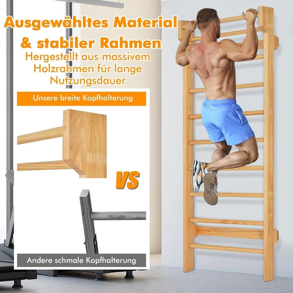 Costway Dřevěné hrazdy se stahovací tyčí a 10 příčky lezecká stěna 150 kg odolná