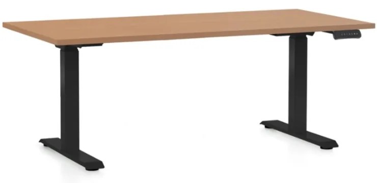 Výškově nastavitelný stůl OfficeTech D, 160 x 80 cm, černá podnož, buk