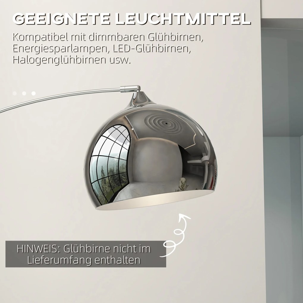 HOMCOM Stojací lampa, 40 W, 100-115L x 30W x 170-180H cm, výškově nastavitelná, otočná, oblouková lampa s žárovkou, patice E27, stříbrná | Aosom