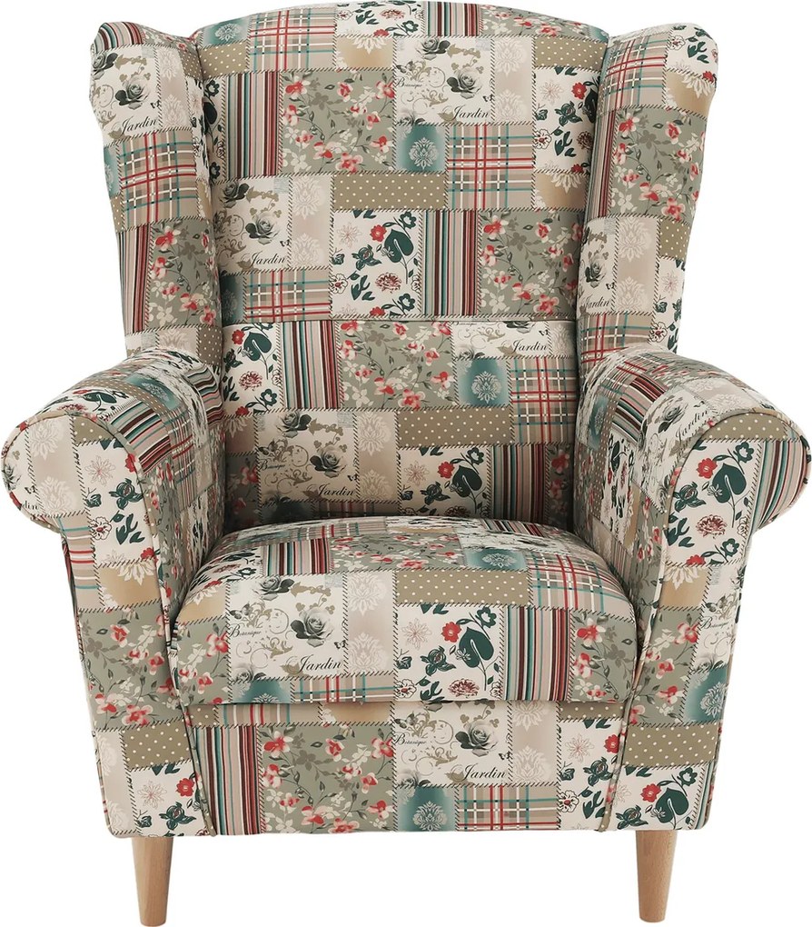 relaxační křeslo, ušák, dřevo/látka, nohy světlé/potah patchwork viorica 1, Tempo Kondela CHARLOT