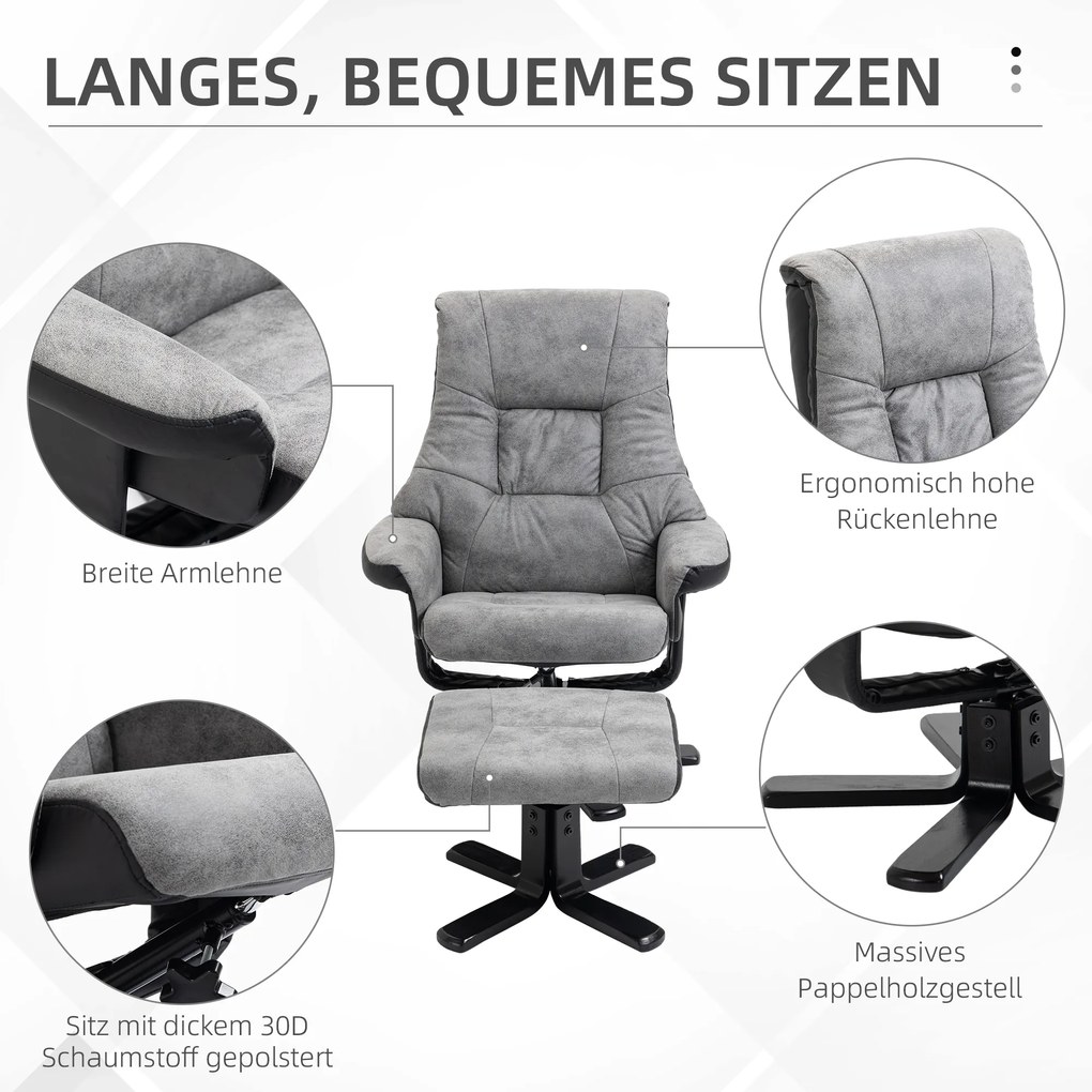 HOMCOM polohovací křeslo s taburetem, otočné TV křeslo s funkcí polohování, mikrovlákno šedé, 78x82,5x109 cm, ideální pro obývací pokoj a relaxaci | …
