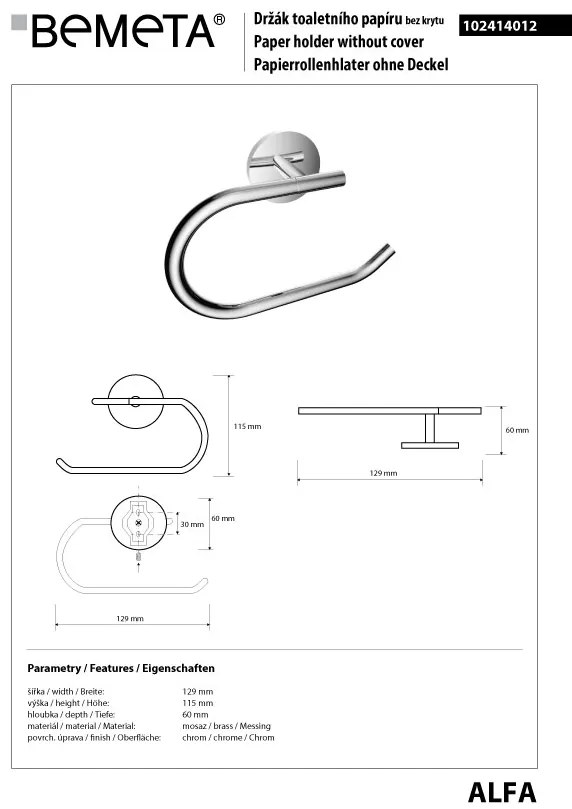 Bemeta Design ALFA: Držák toaletního papíru, bez krytu - 102414012