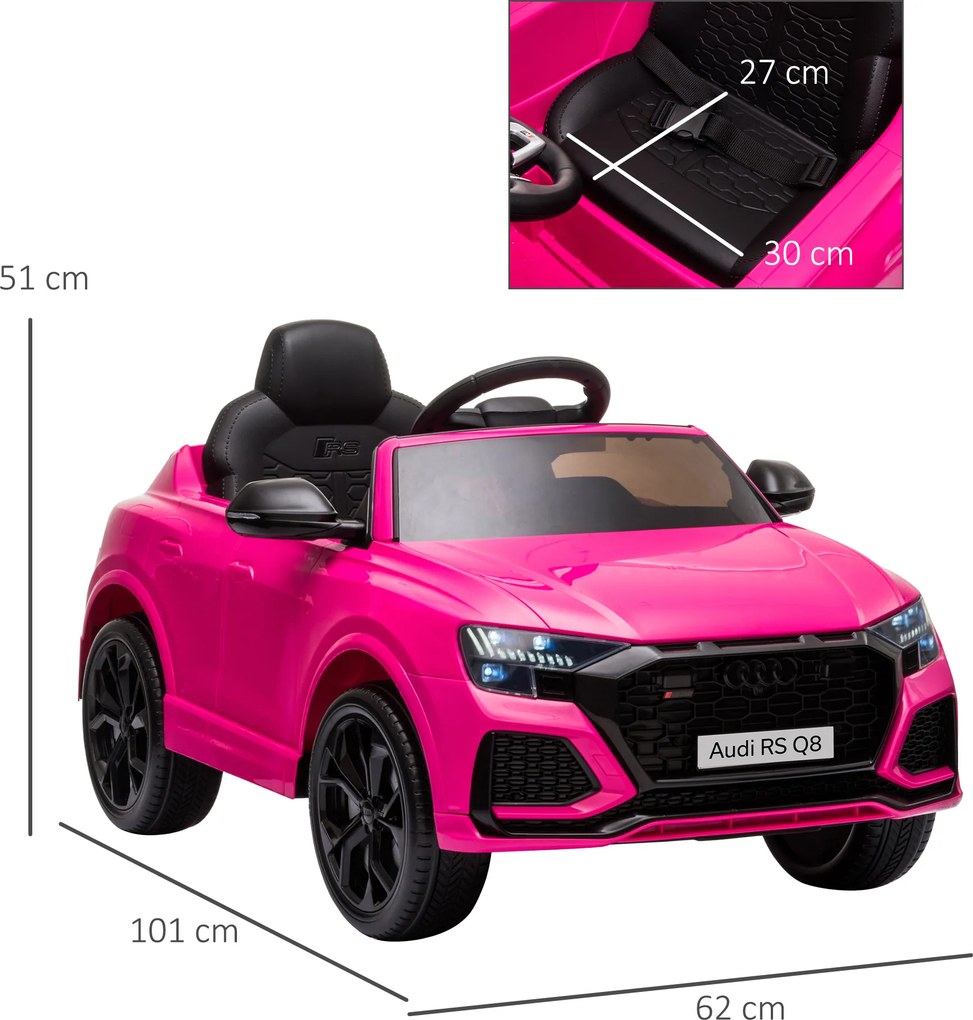 HOMCOM Dětské Elektrické Auto +3 roky Audi RS Q8 Licencované 6V Baterie 2 Motory Dálkové Ovládání MP3 Hudba Klakson Světla Max Rychlost 3km/h 101x62x…