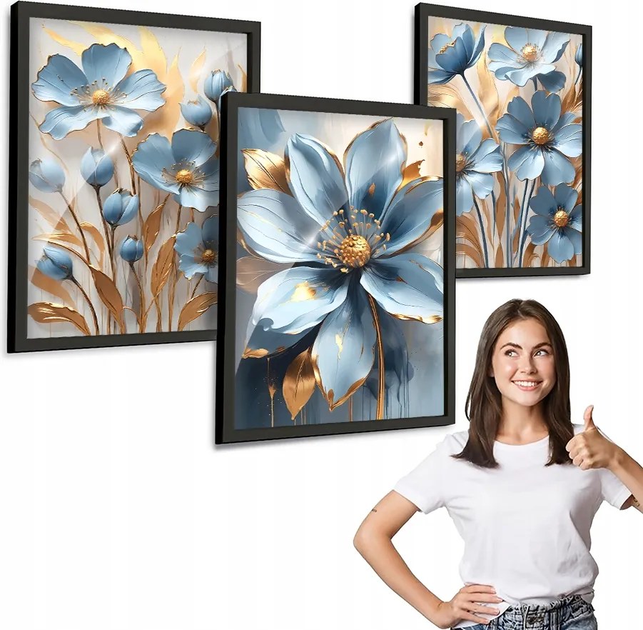 Sada 3 obrazů vzor Modré Květiny černý rámeček 50x70 na plexi triptych