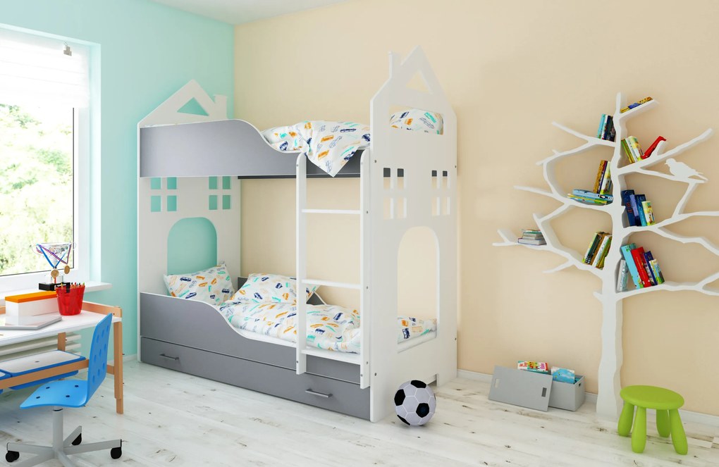 BabyBeds Dětská patrová postel DOMEK 180x80 Barevné provedení: Bílá, Úložný prostor: Ano, s úložným prostorem