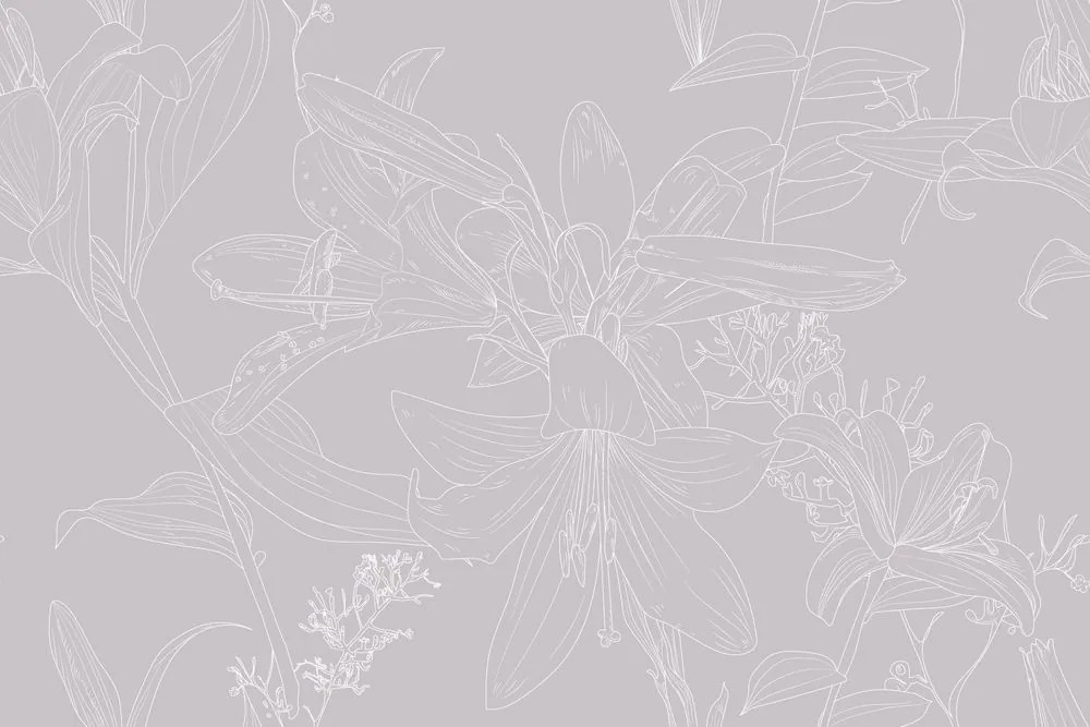 Tapeta kreslená lilie v šedém provedení