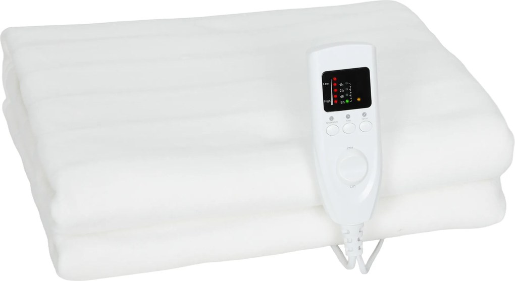 HOMCOM elektrická deka 160x140 cm s 5 úrovněmi tepla a 2 nezávislými zónami ovládání, z bílého polyesteru
