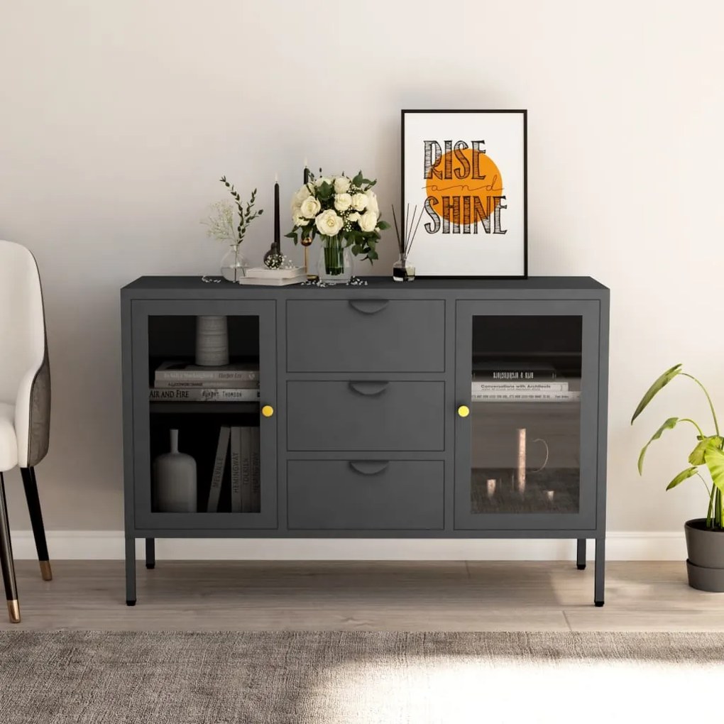 Příborník Antracitový 105 X 35 X 70 Cm Ocel A Tvrzené Sklo - Antracitová