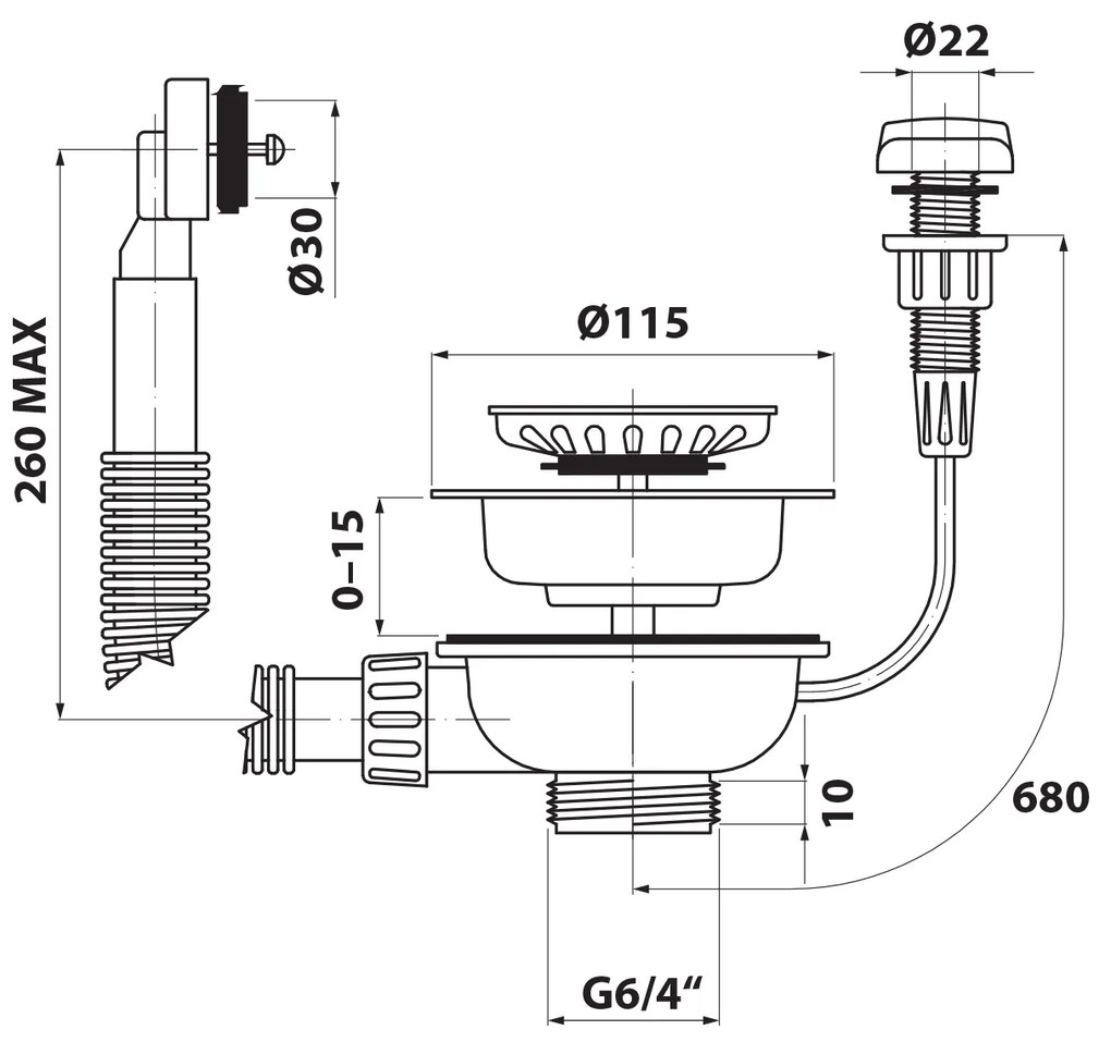 Bruckner Bruckner, Nerezová výpusť dřezu 6/4" s přepadem a ovládáním, gun metal, 155.122.6