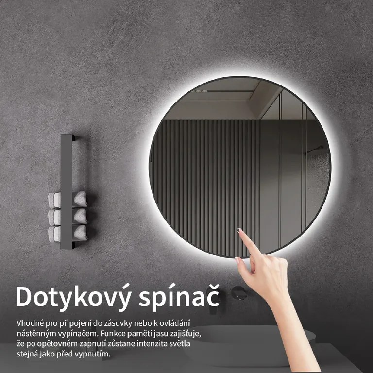 CERANO - Koupelnové LED zrcadlo Velo, kovový rám - černá matná - Ø 80 cm