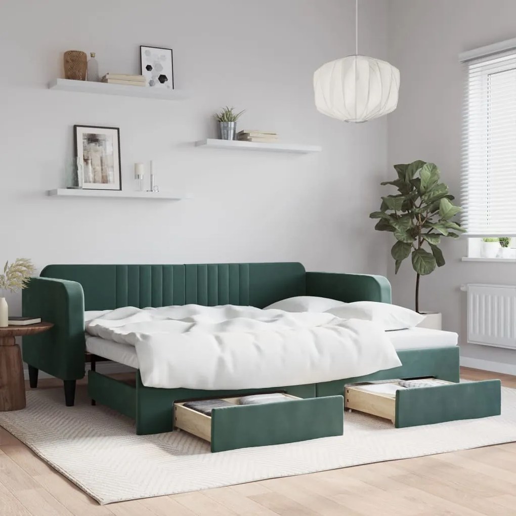 Válenda s přistýlkou a zásuvkami tmavě zelená 90 x 200 cm samet 3197113