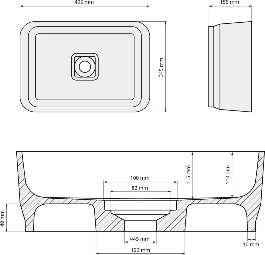 Polysan Banera Square umyvadlo na desku 50 x 63 cm bez otvoru pro baterii bez přepadu litý mramor bílá mat 14596MAT