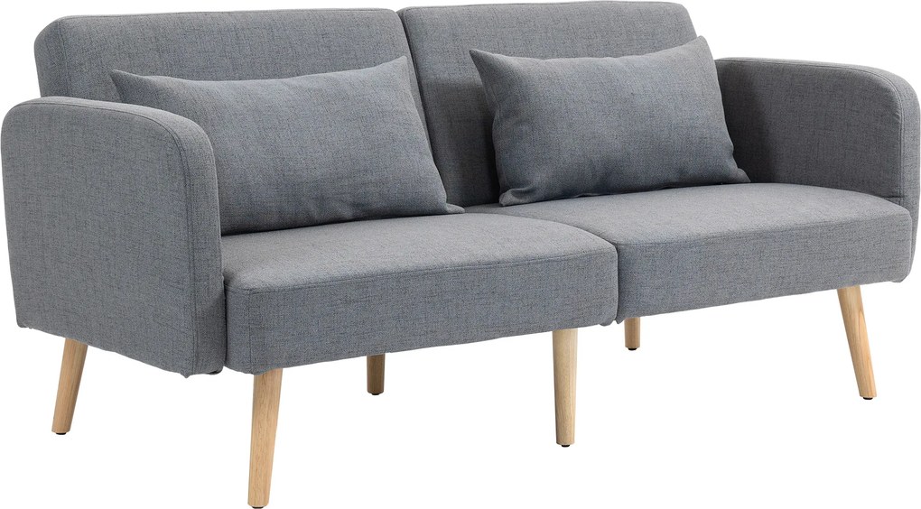 HOMCOM 3místná pohovka s funkcí spaní, 170x83x80cm, s 3stupňovým nastavením opěradla a nohou, vlnité pružiny, přehozové polštáře, vzhled lnu, šedá| A…