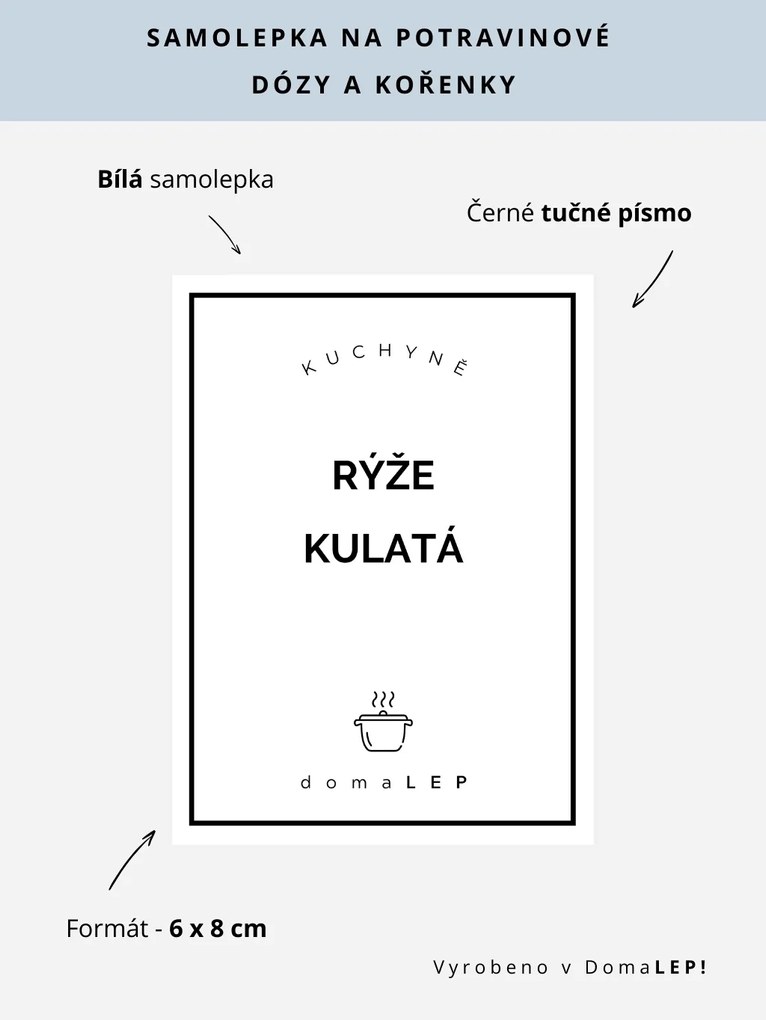 RÝŽE KULATÁ– bílá samolepka na dózu, tučné písmo, 6 x 8 cm | DomaLEP