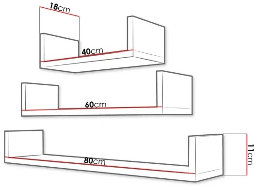 SADA 3x Nástěnná police TRIO dub sonoma