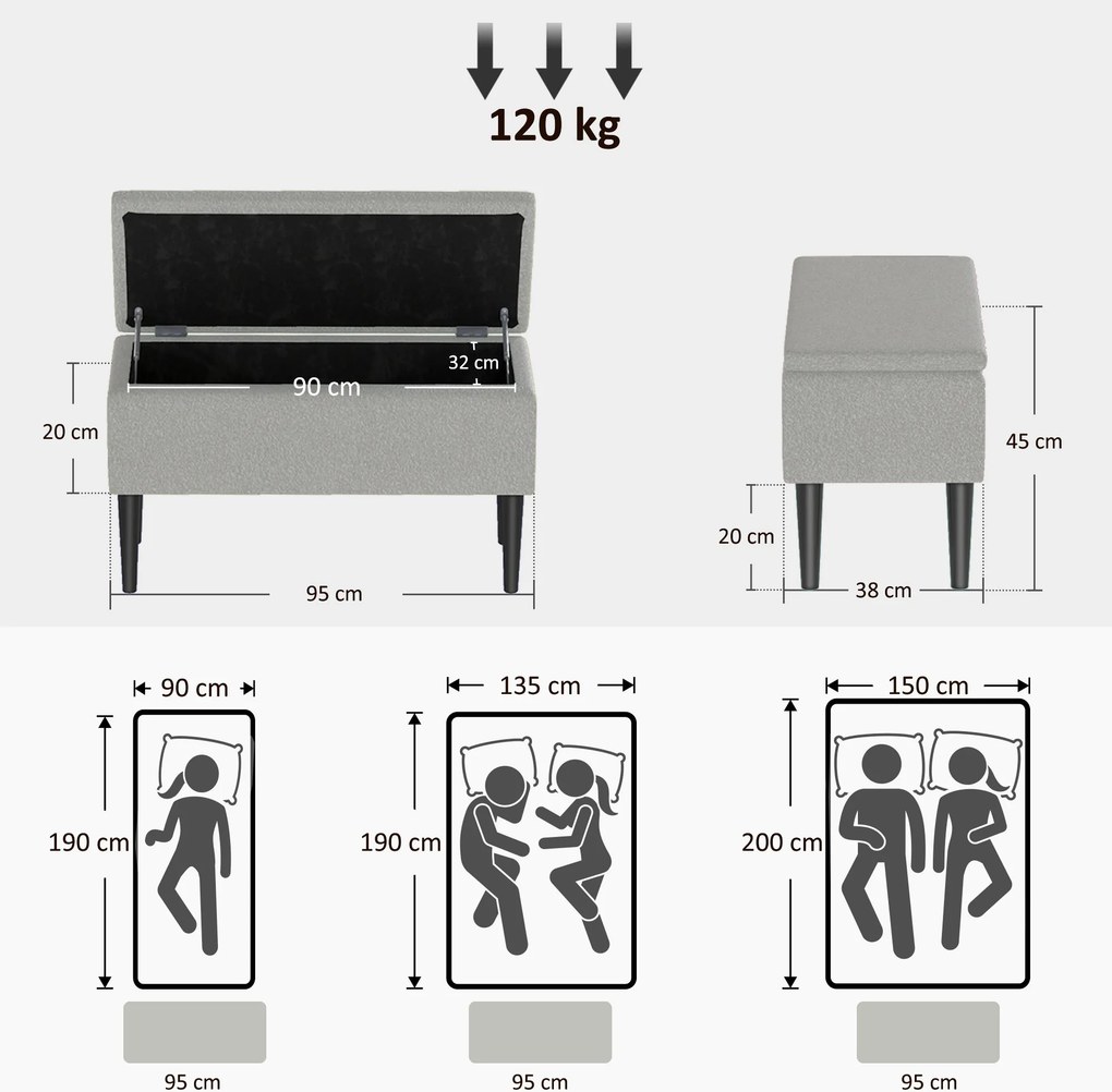 HOMCOM Lavice s úložným prostorem Čalouněná lavice s výklopným víkem v šedém sametovém vzhledu Komoda do obývacího pokoje Ložnice 95 x 38 x 45 cm