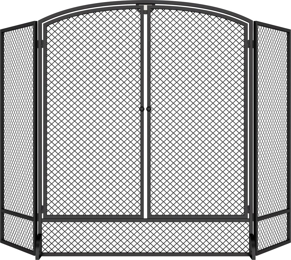 HOMCOM Skládací ochrana proti jiskření krbu 3 panely, 2 dveře, moderní styl, kovová ochrana proti jiskrám, 122 x 10 x 75 cm, černá