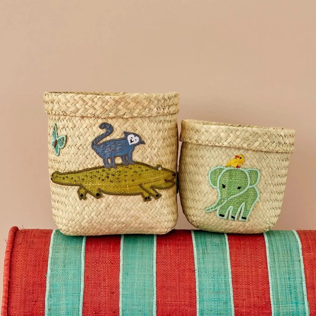 rice Úložný košík Raffia Round Animals - set 2 ks, zelená barva, přírodní barva