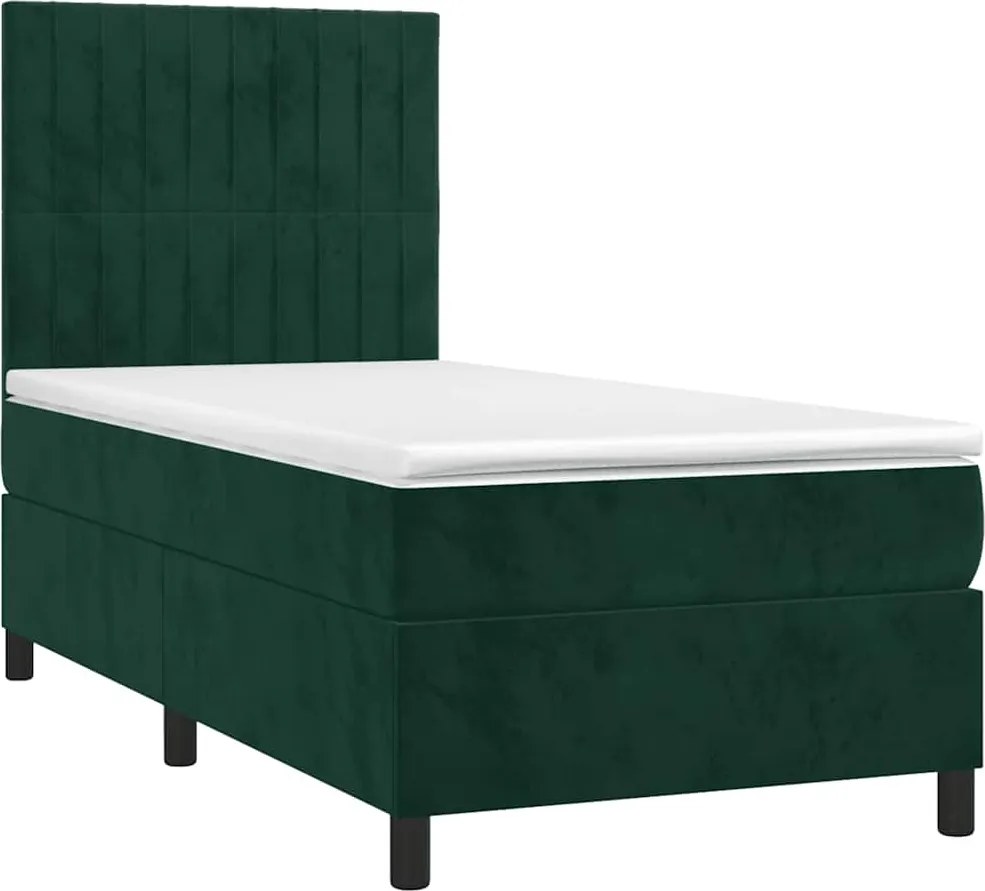 Box spring postel s matrací a LED tmavě zelená 90x200 cm samet 3136224