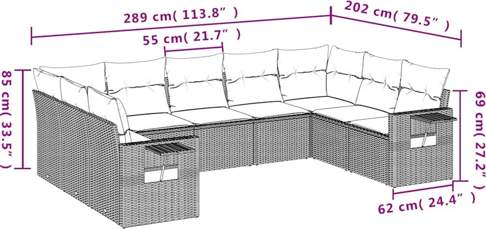 9dílná zahradní sedací souprava s poduškami černá polyratan 3252932