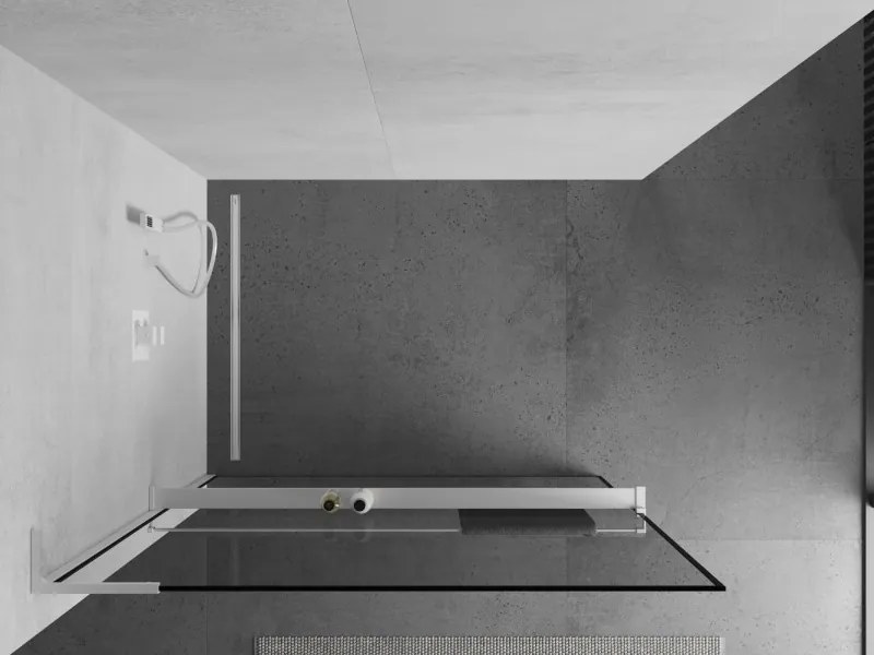 Mexen Kioto+ L, sprchová zástěna Walk-In s poličkou a věšákem 90 x 200 cm, 8mm čiré sklo černý vzor, bílý profil, 800-090-123-20-70