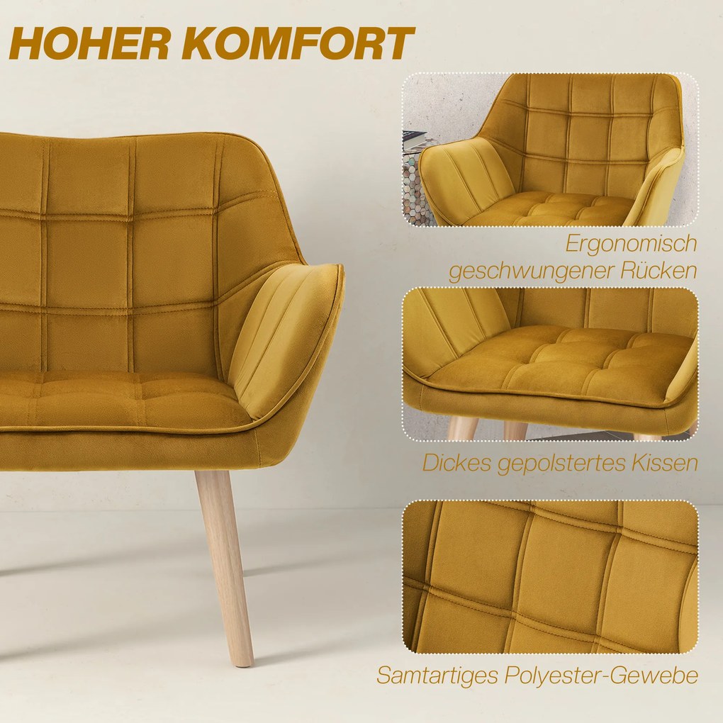 HOMCOM křeslo s polohovatelným sedákem se sametem, skandinávské, zvýšené nohy, sametový polyester, žlutá 67x61,5x71 cm
