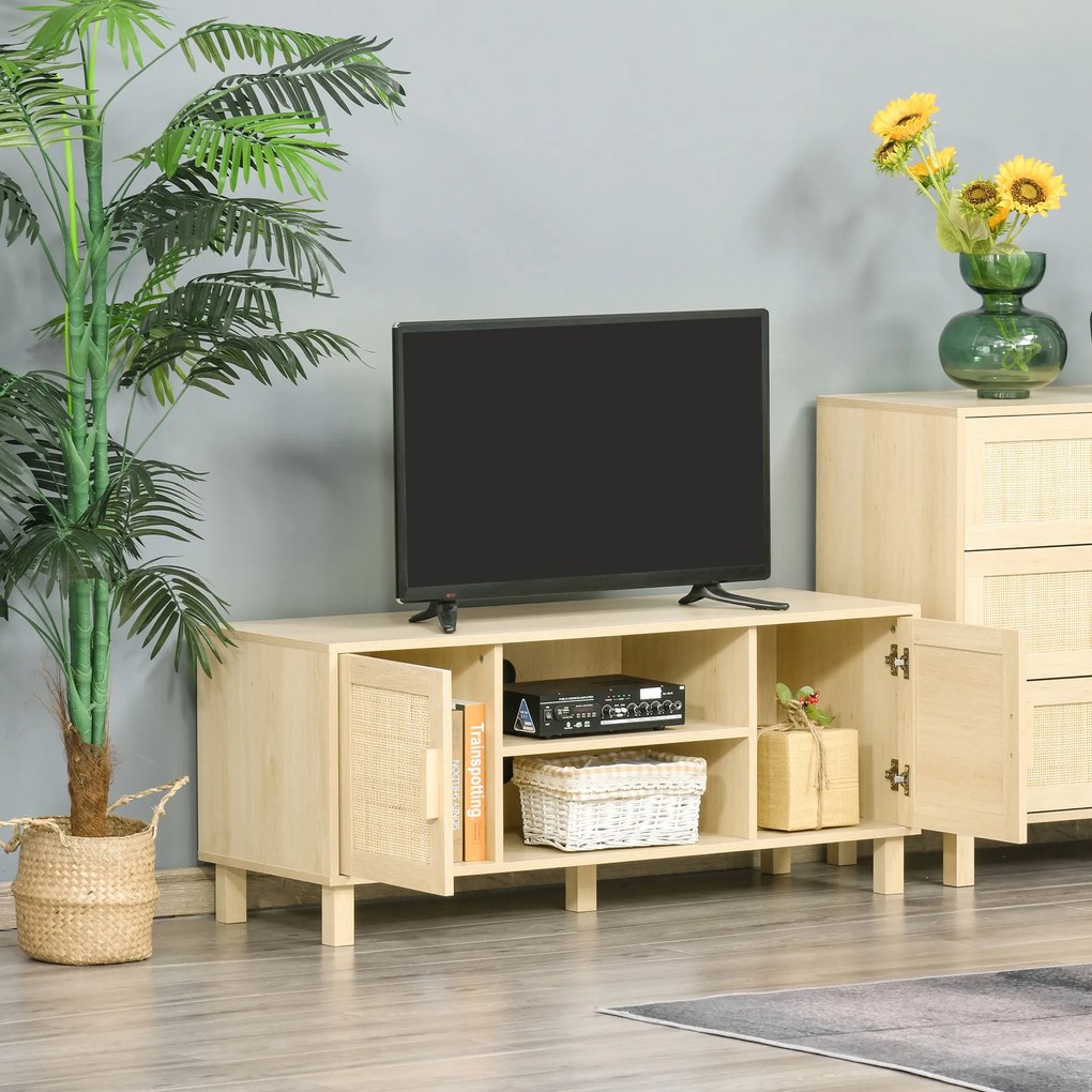 HOMCOM TV Stánek s Věšákem - 2 Přihrádky, 2 Skříně s Ratanovými Dveřmi, 115 x 40 x 48 cm, MDF s Povrchovou Úpravou Světle Dřevo