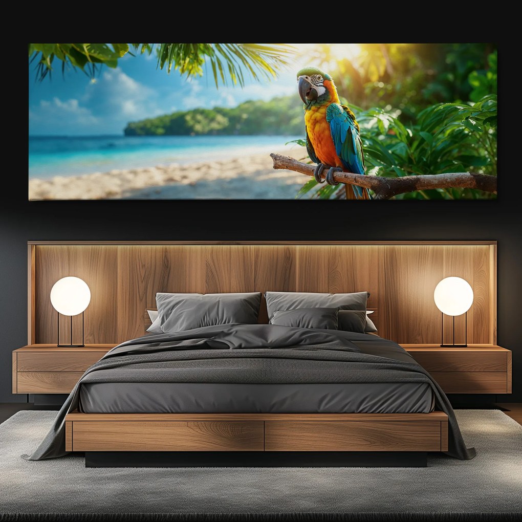 Obraz na plátně - Papoušek Ara hlídkuje na pláži FeelHappy.cz Velikost obrazu: 180 x 60 cm
