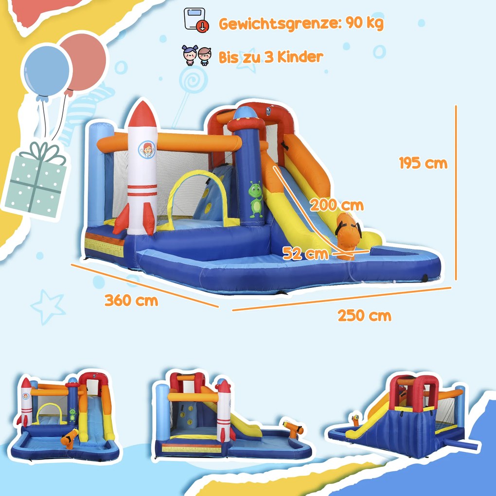 AIYAPLAY 5 v 1 skákací hrad s ventilátorem, rychle nafukovatelný, nosnost až 90 kg, pro děti 3-8 let, 3,6x2,5x1,95 m, vícebarevný