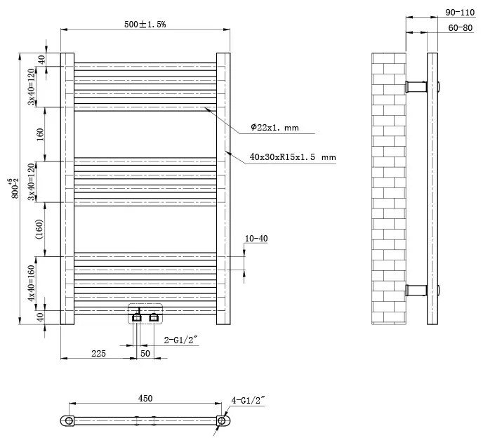 BPS-koupelny Koupelnový radiátor HYD-COR-BL-3 50x80 cm, černý