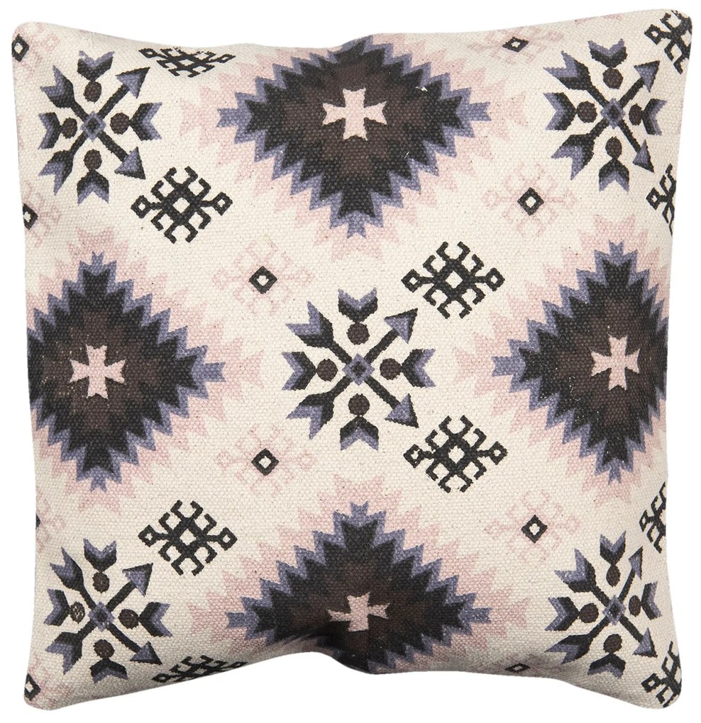 Béžový režný bavlněný povlak na polštář s barevnými ornamenty - 50*50 cm