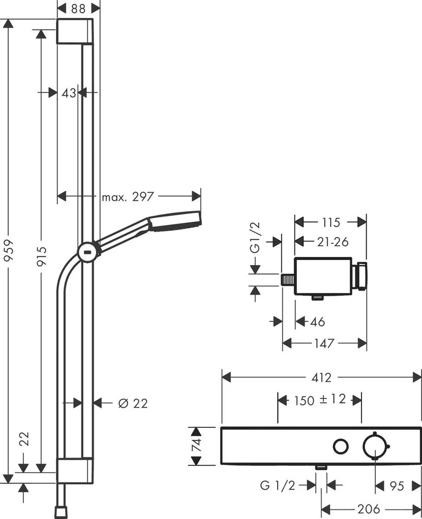 Hansgrohe Pulsify Select S - Sprchová sada 105 3jet Relaxation s ruční sprchou, termostatem, sprchovou tyčí 90 cm, jezdcem a sprchovou hadicí, chrom 24270000