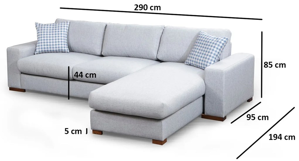 Designová rohová sedačka Bellona 290 cm světle šedá - pravá