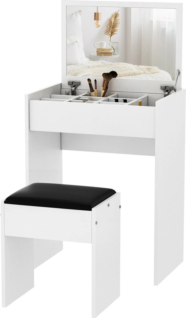 HOMCOM Skládací Toaletní Stolek se Zrcadlem, Moderní Toaletní Stolek se Stoličkou a Úložným Prostorem (10 Přihrádek), Bílý MDF, 60,2 x 40,2 x 79 cm