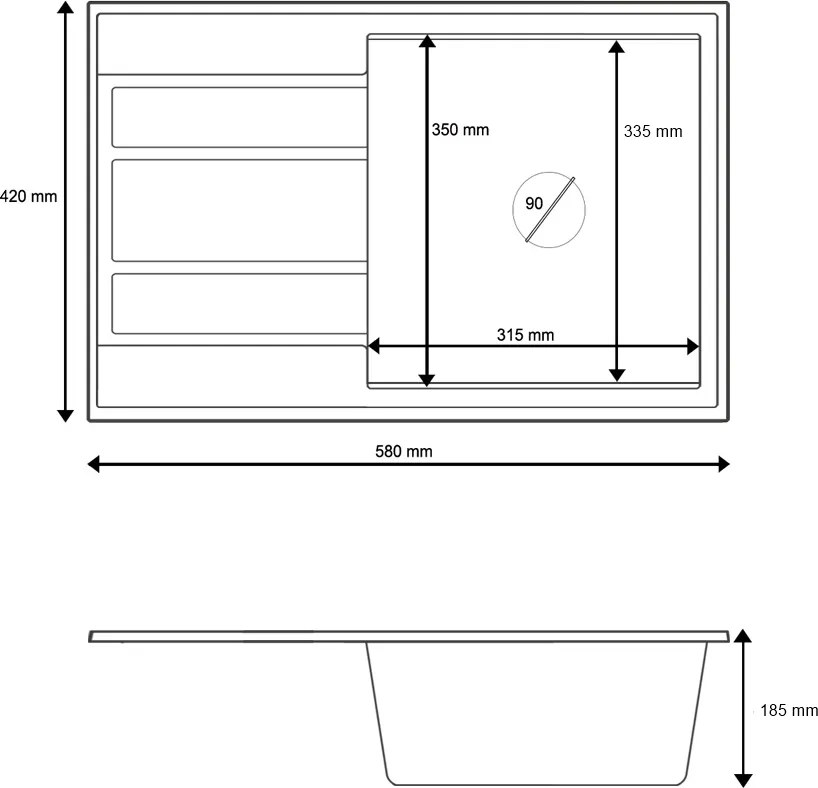Gamma Modern 6040, 1-komorový granitový dřez 580x420x185 mm s krátkým odkapávačem, černá, GMA-ZM-6040-BK