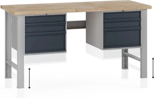 Výškově nastavitelný dílenský stůl G7, buková spárovka, 1700 x 800 x 840-1040 mm, 2x kontejner, 6 zásuvek, grafit